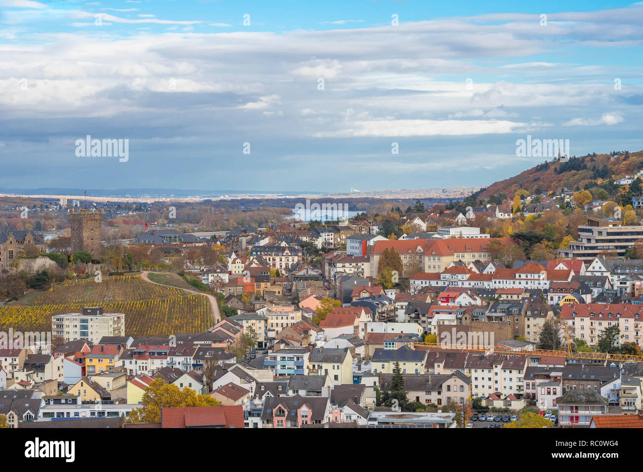 Panoramic view of Bingen with Klopp Castle, Rhine and Rüdesheim Stock ...