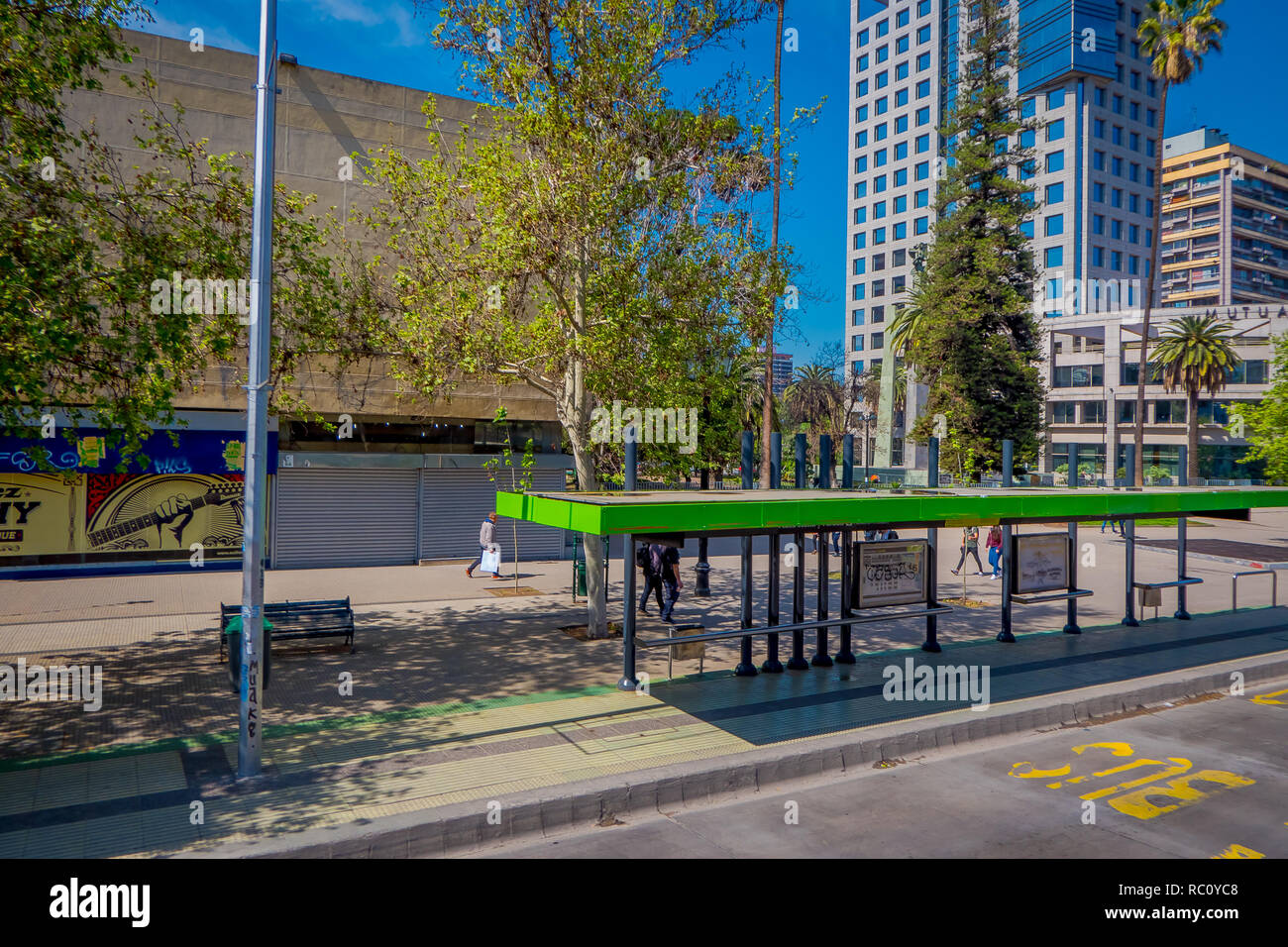 SANTIAGO, CHILE - OCTOBER 16, 2018: Outdoor view of green bus stop ...
