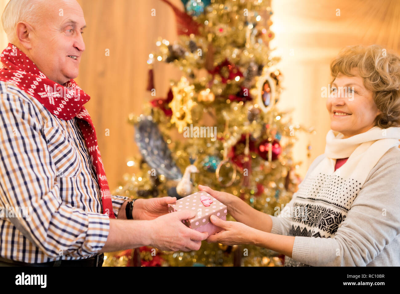Happy elderly man giving gift to beloved woman Stock Photo - Alamy