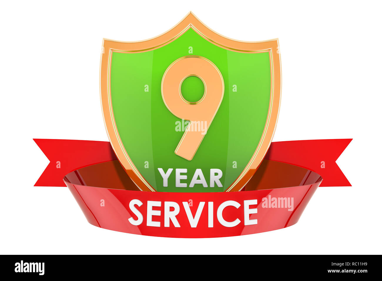 9 year service shield, badge. 3D rendering isolated on white background ...
