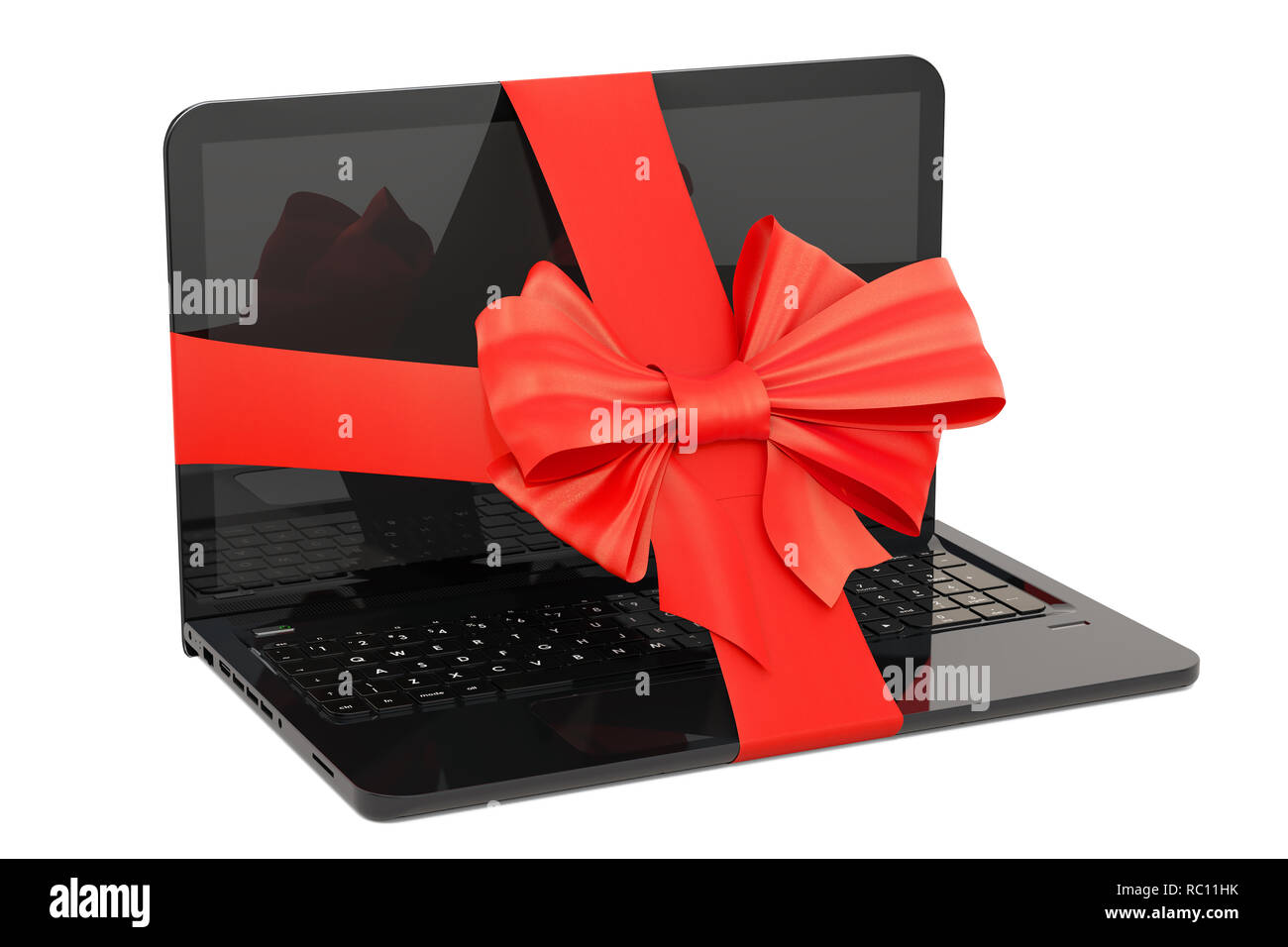 Laptop with bow and ribbon, gift concept. 3D rendering isolated on ...