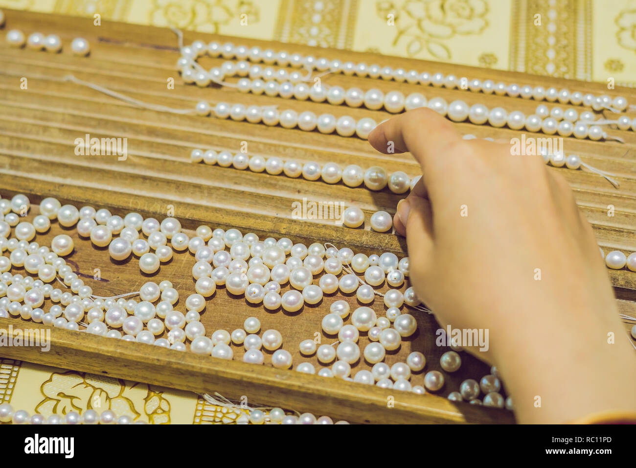 Extraction of pearls. Pearls at a pearl factory Stock Photo - Alamy