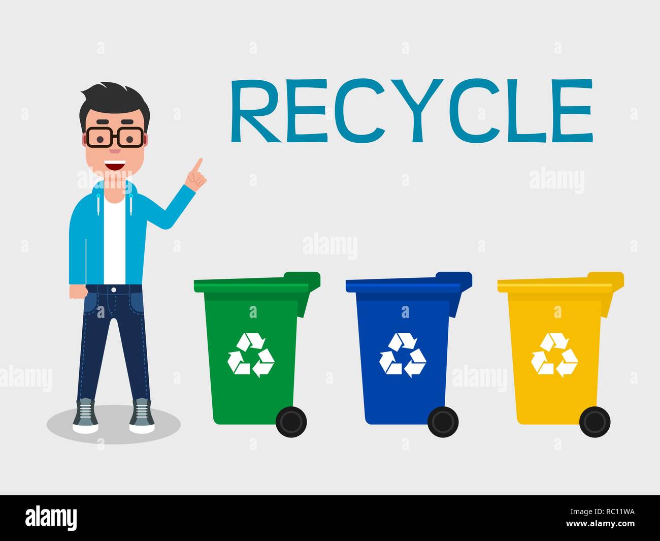 Young man finger pointing at a RECYCLE message. There are three ...