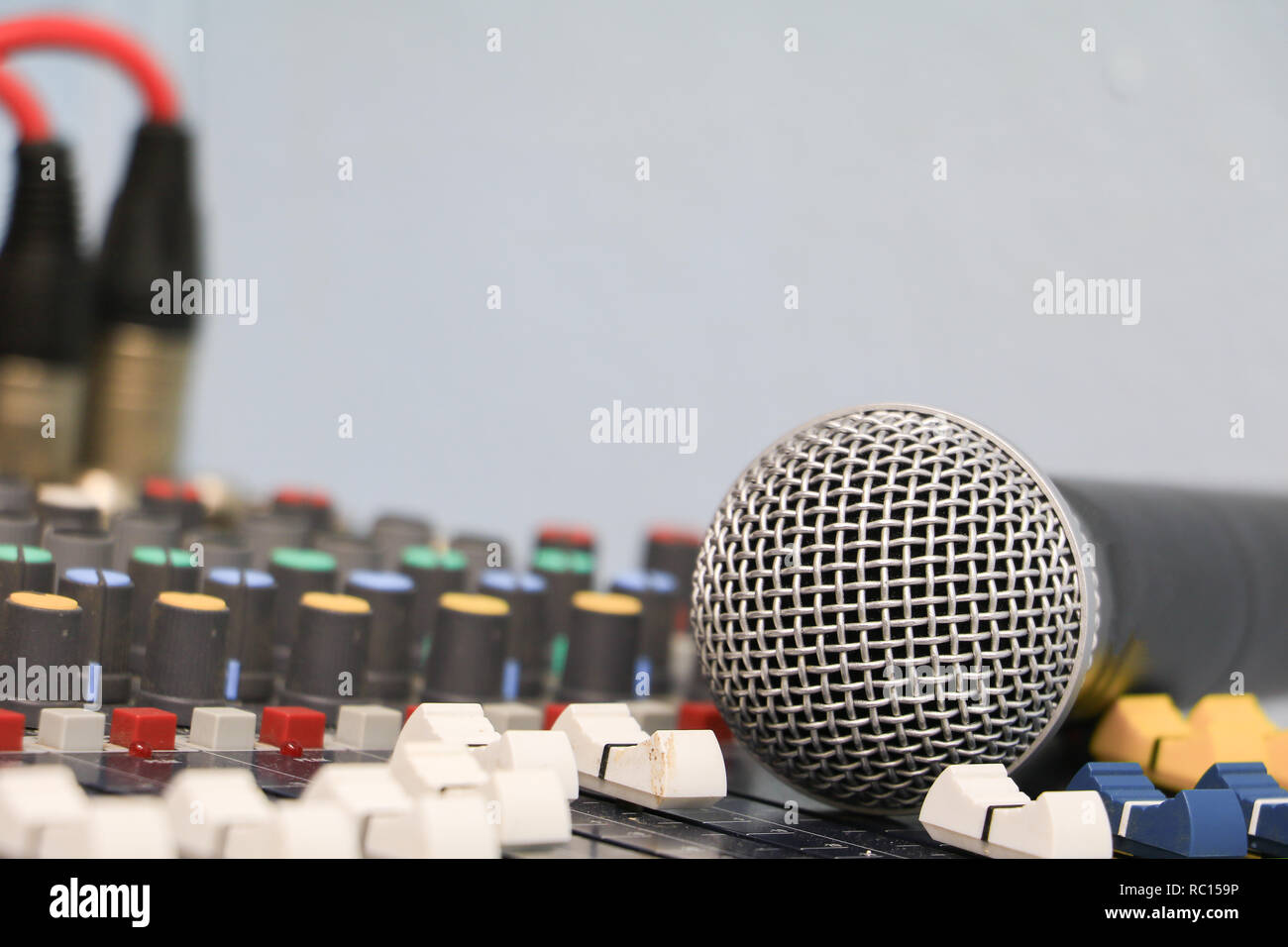 Close up of microphone wireless on sound mixer covered in dust Stock ...
