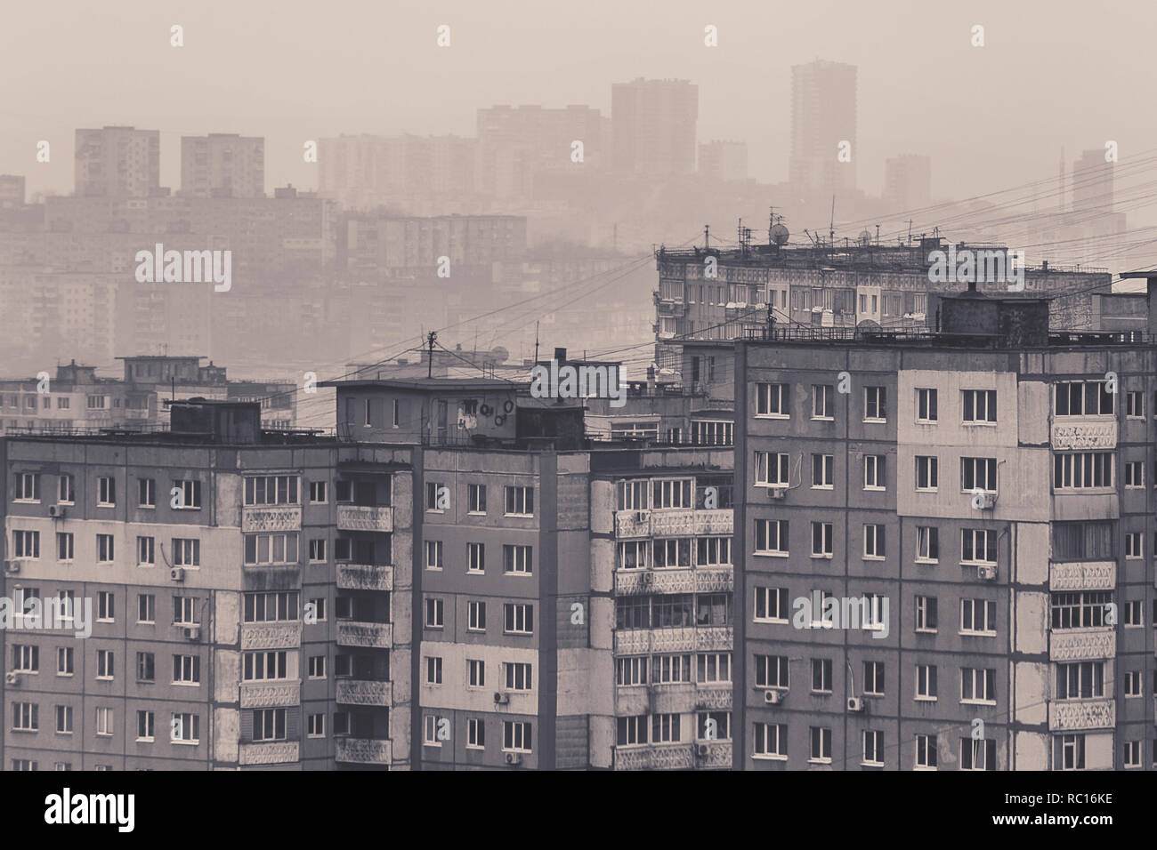 Old russian panel buildings in Vladivostok city, faded background image ...