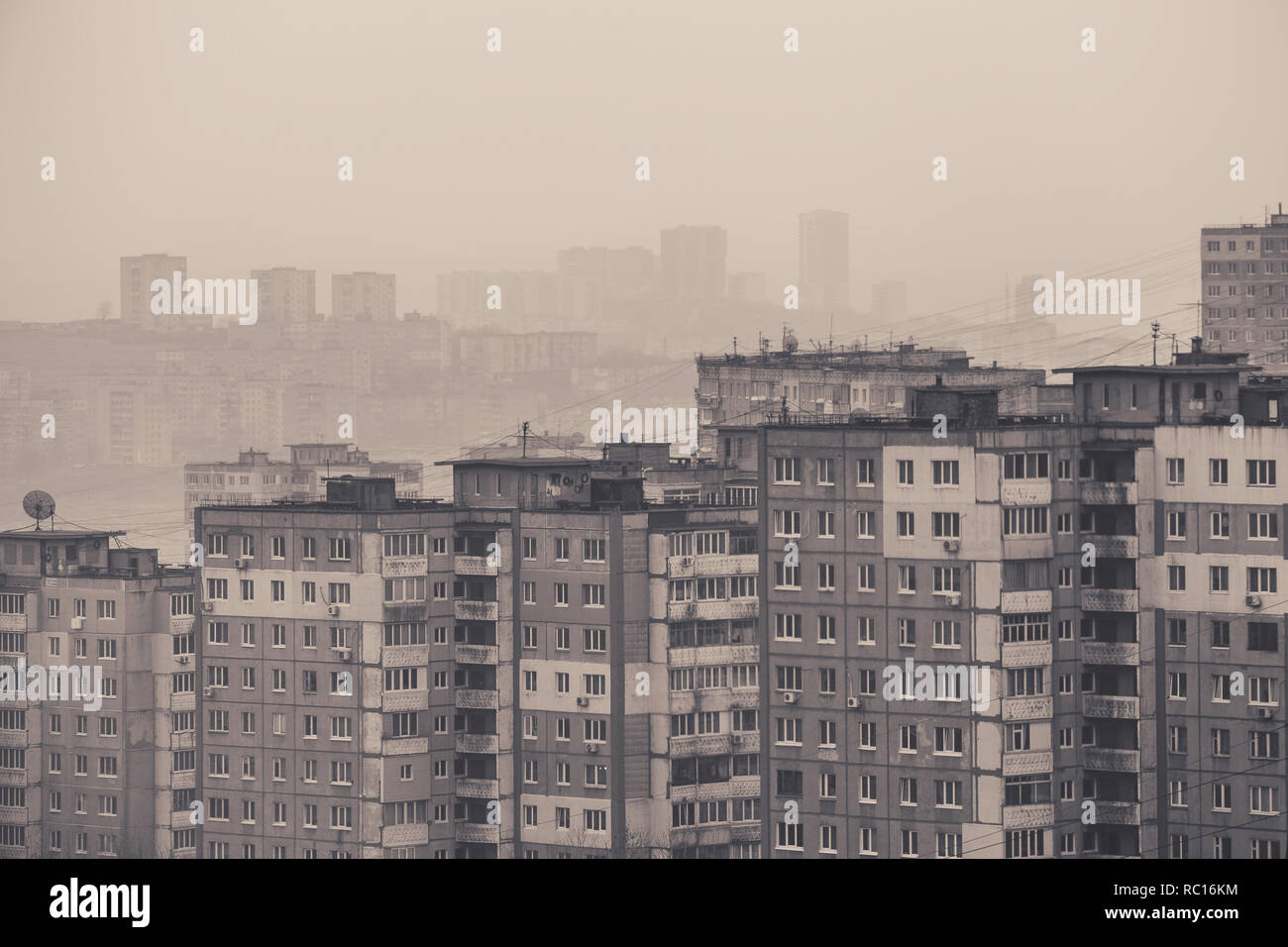 Old russian panel buildings in Vladivostok city, faded background image ...