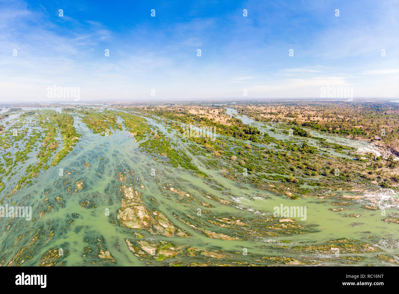 Aerial panoramic 4000 islands Mekong River in Laos, Li Phi waterfalls ...