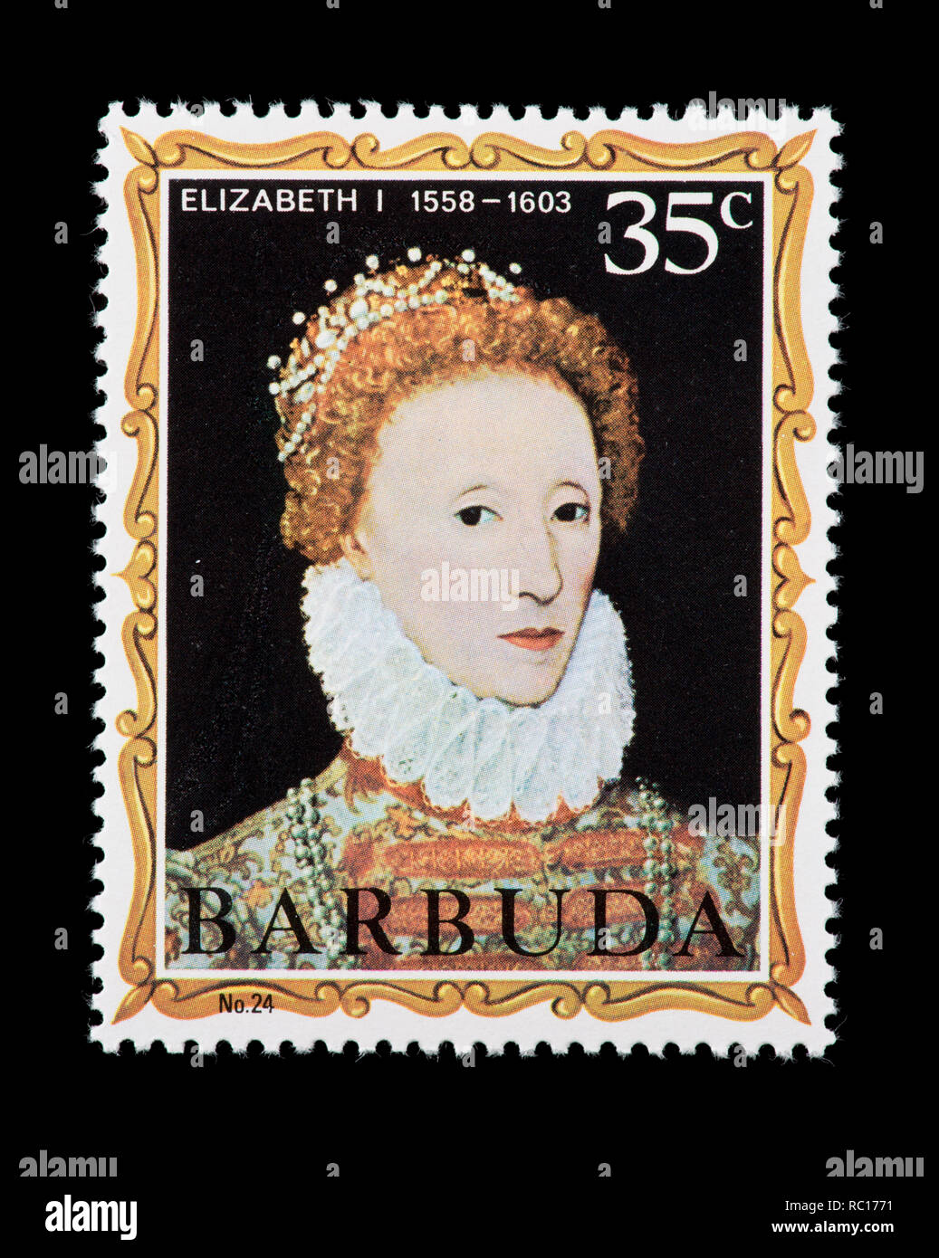 Postage stamp from Barbuda depicting Elizabeth I, former queen of Great ...