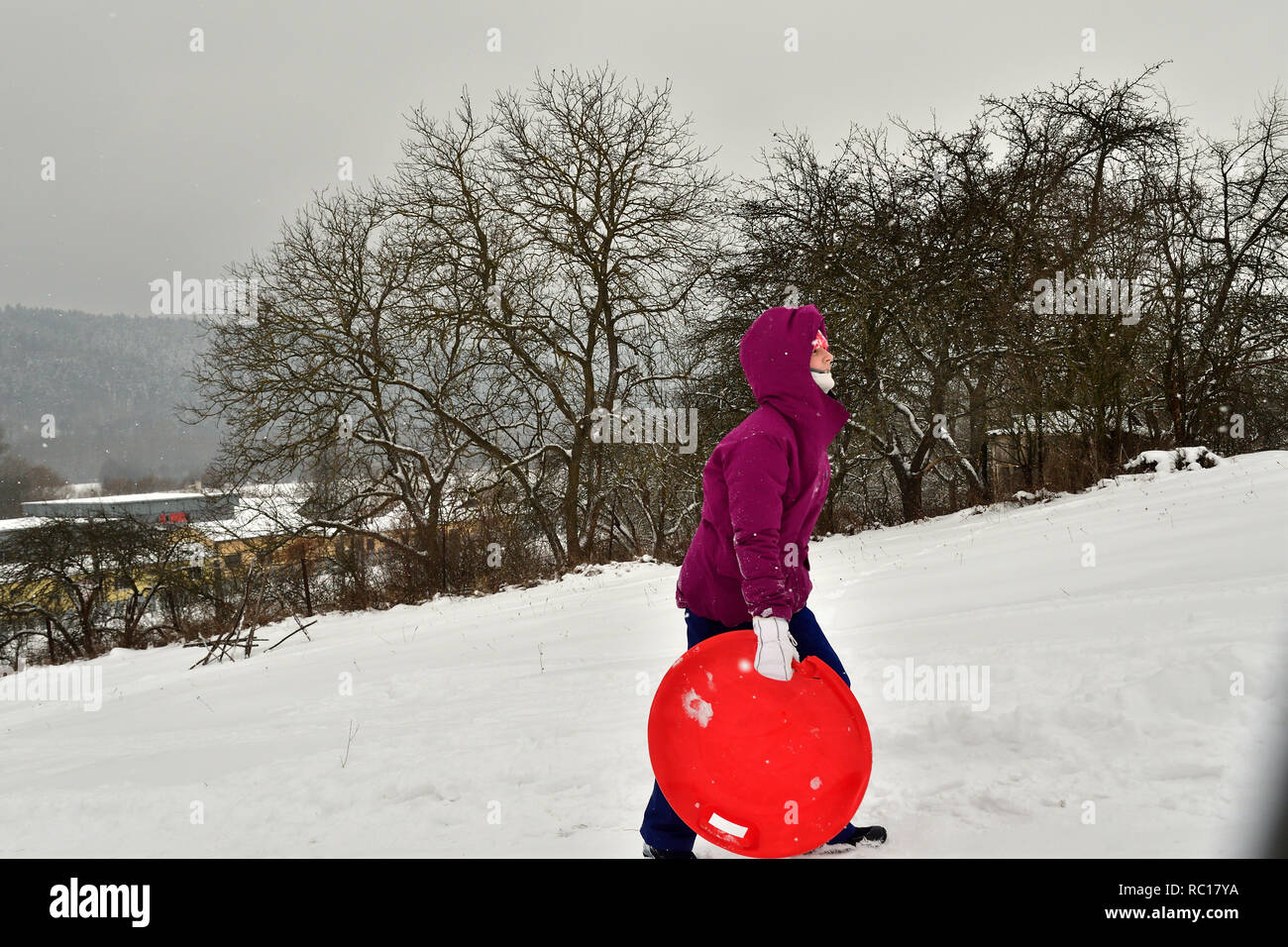 The smiling girl jumps and falls into the snow Stock Photo - Alamy