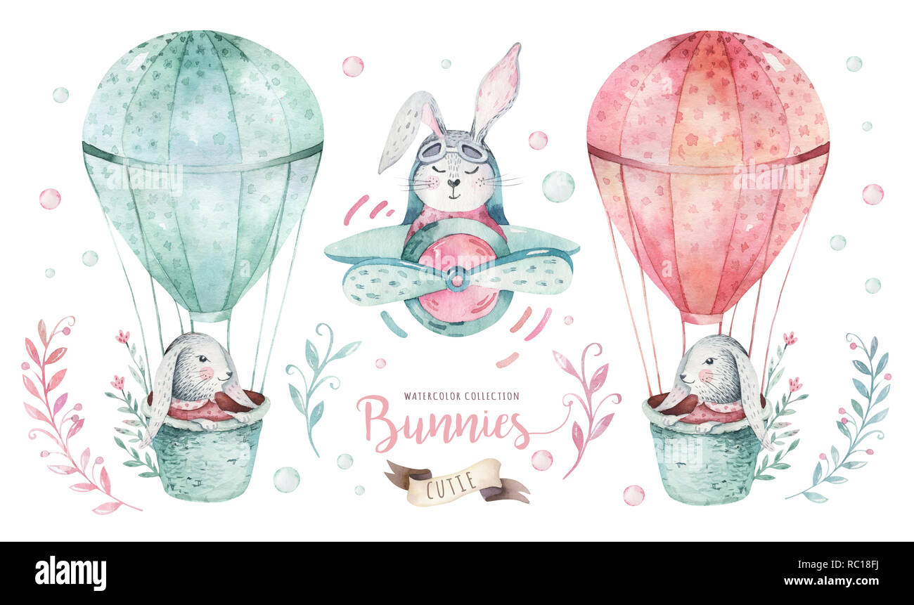 Hand drawn watercolor happy easter set with bunnies design. Rabbit ...