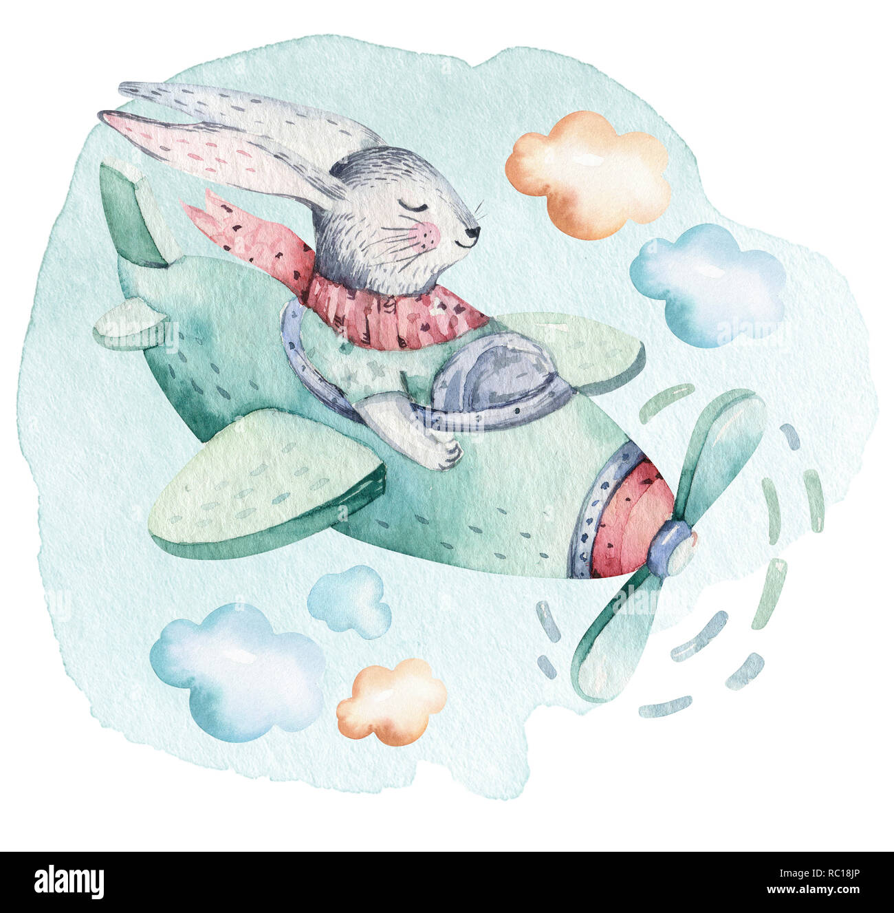 Hand drawing fly cute easter pilot bunny watercolor cartoon bunnies ...