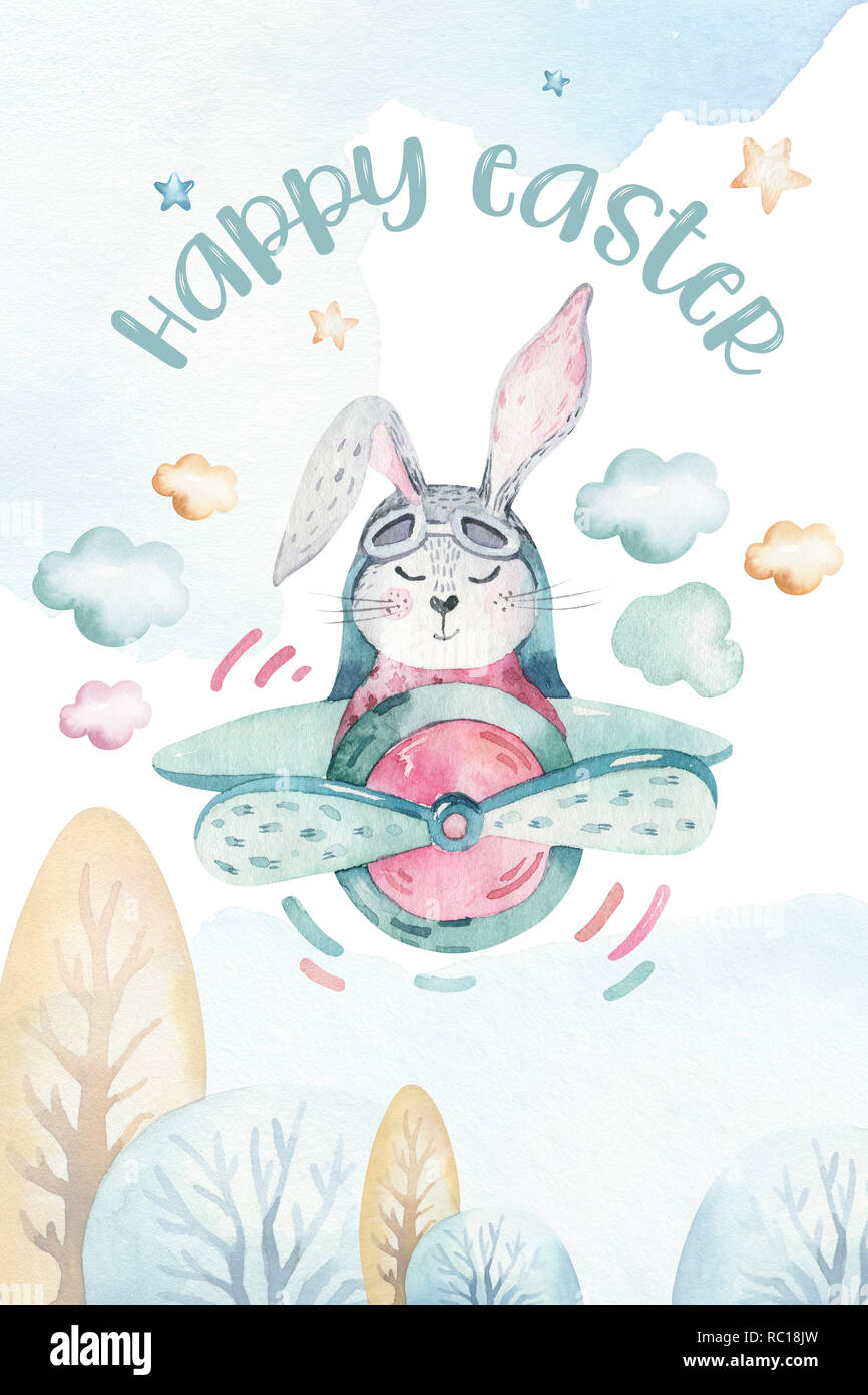 Hand drawing fly cute easter pilot bunny watercolor cartoon bunnies ...