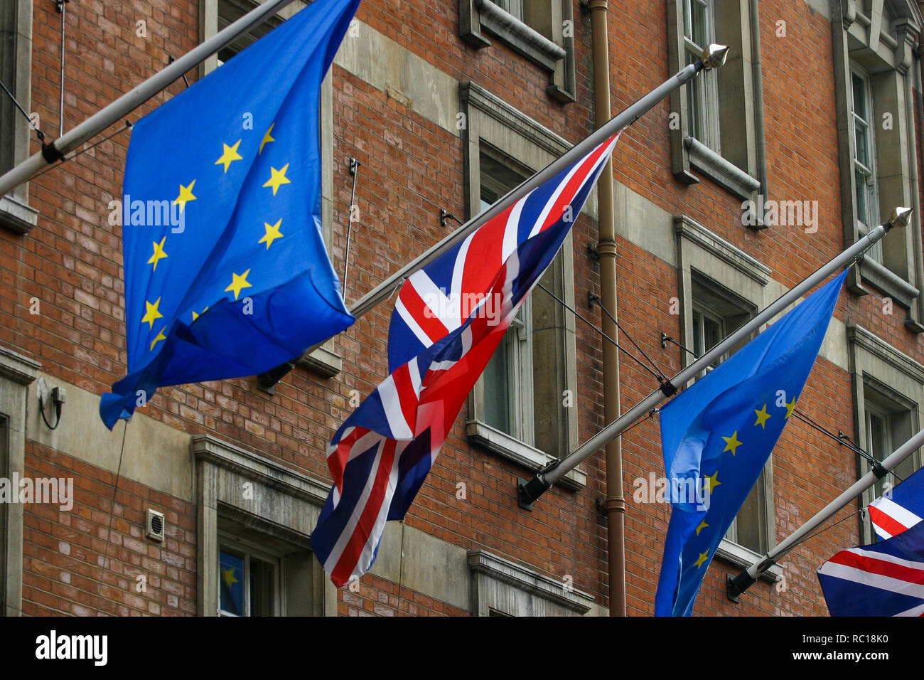 Union Jack, English flag, flanked by two european flags London, Great ...