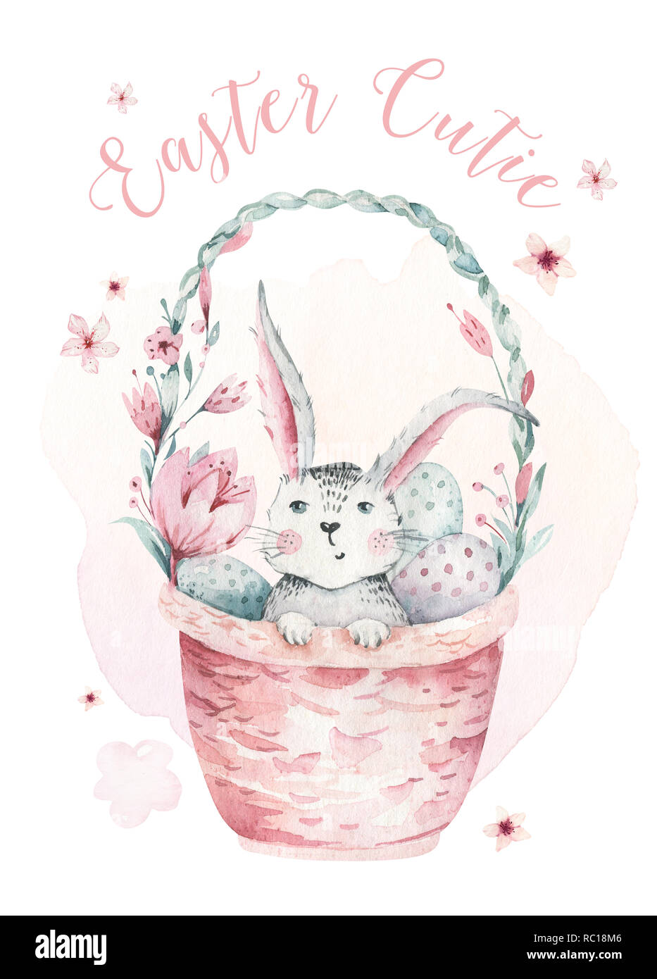 Hand drawn watercolor happy easter set with bunnies design. Rabbit ...