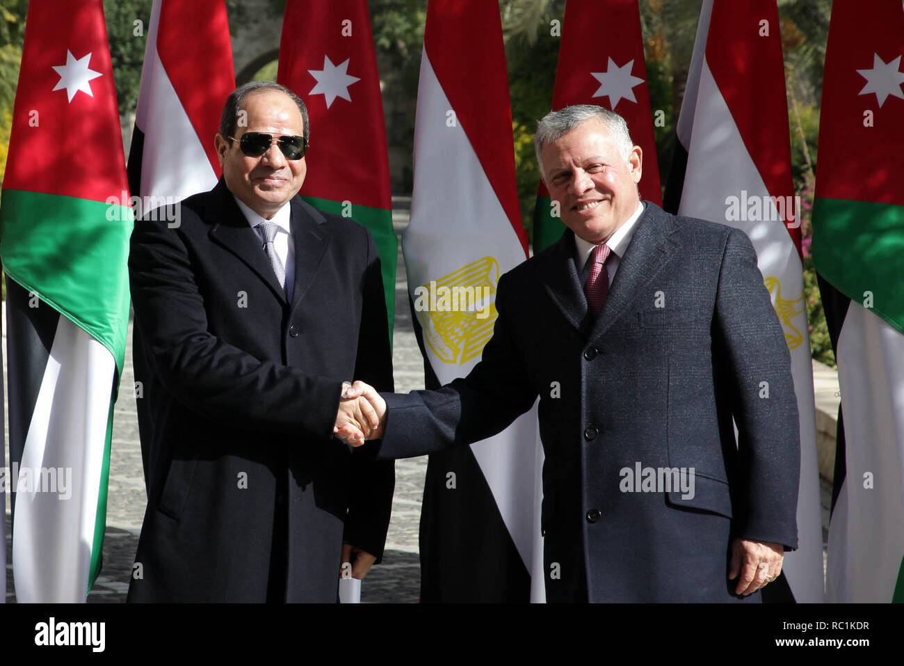 Amman, Jordan. 13th Jan, 2019. King Abdullah II of Jordan (R) shakes ...