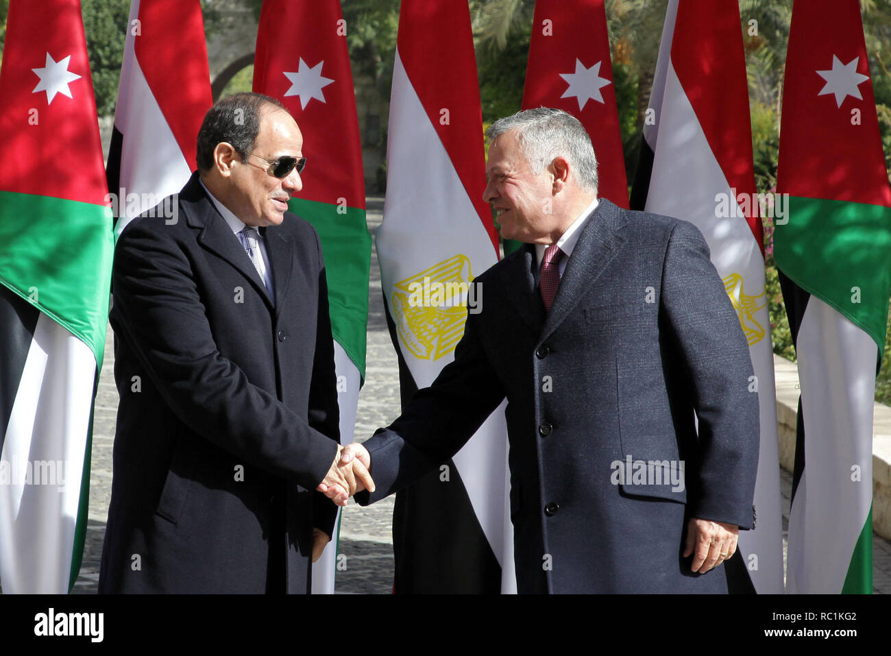 Amman, Jordan. 13th Jan, 2019. King Abdullah II of Jordan (R) shakes ...