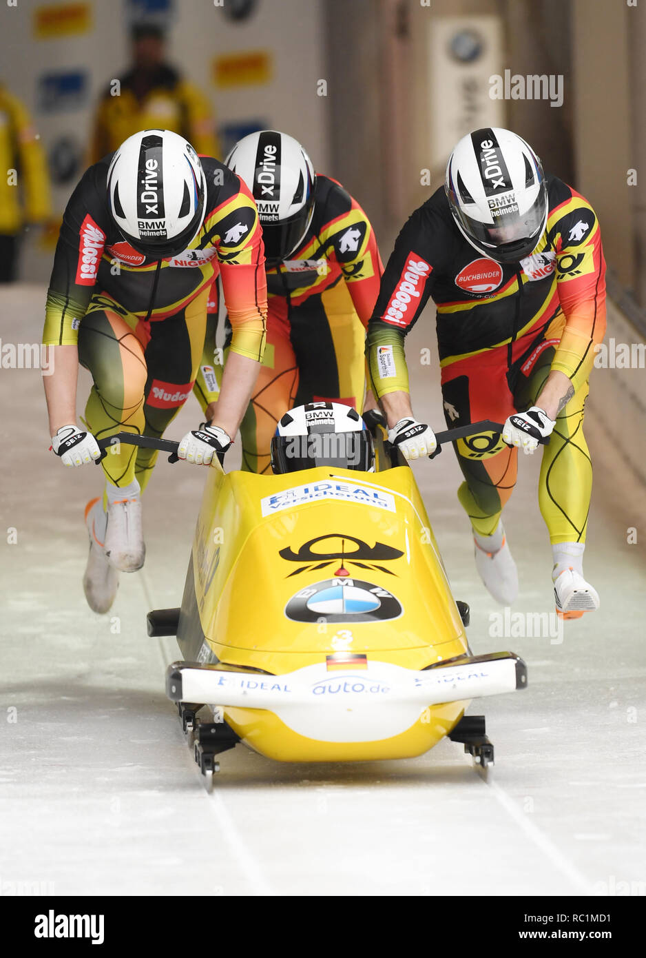 Königssee, Germany. 13th January 2019. Four-man bobsleigh, men, artificial ice track at ...