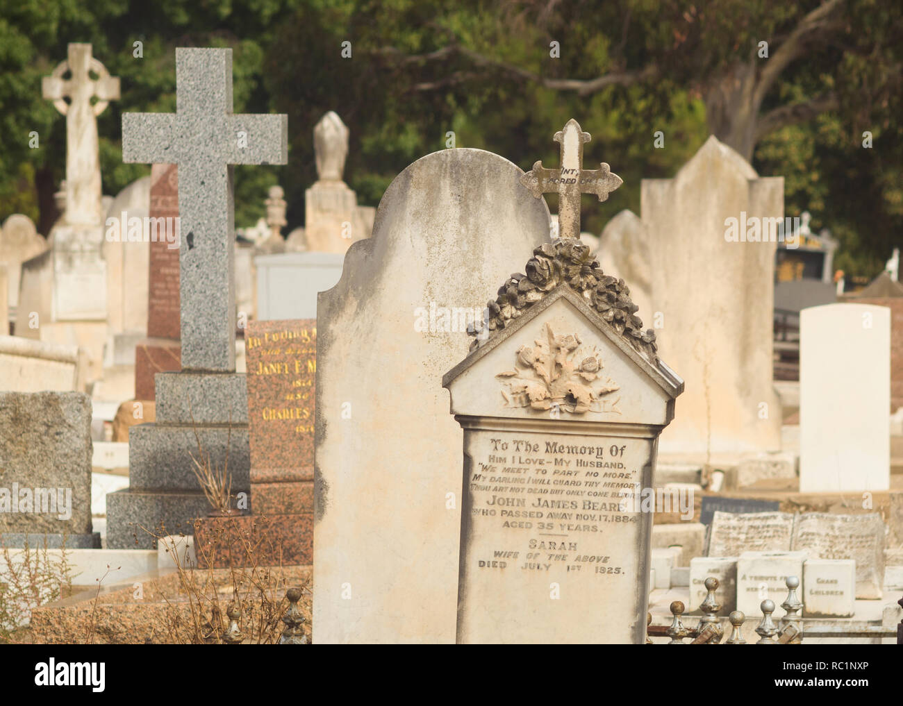 View of multiple headstones at the West Terrace Cemetery in Adelaide ...
