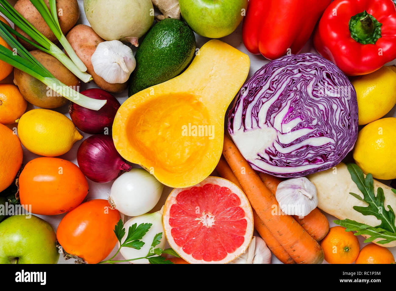 Mix of fresh vegetables and fruits in full frame organic food ...