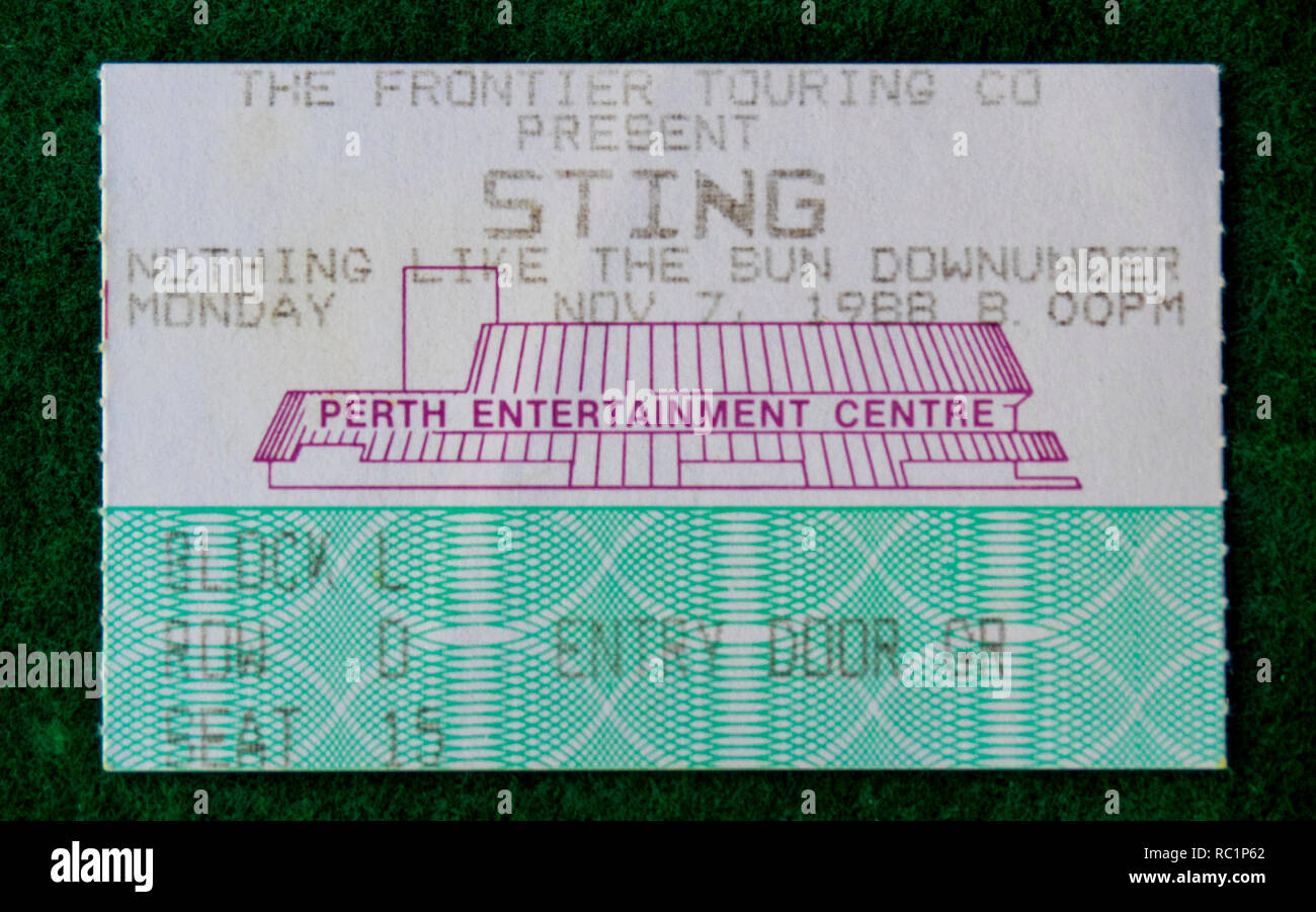 Ticket for Sting concert at Perth Entertainment Centre in 1988 WA ...