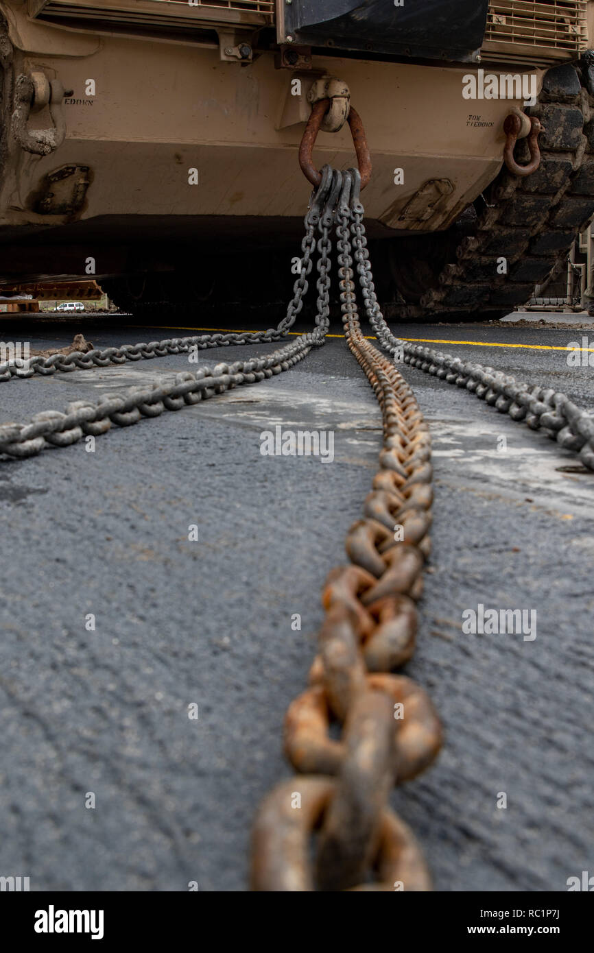 Chains secure a U.S. Marine Corps assault breacher vehicle with 1st ...