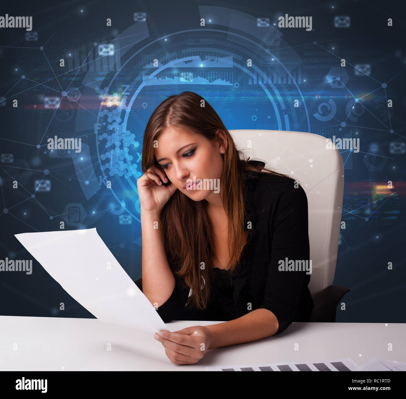 Manager in front of the office desk with connections and teamwork ...