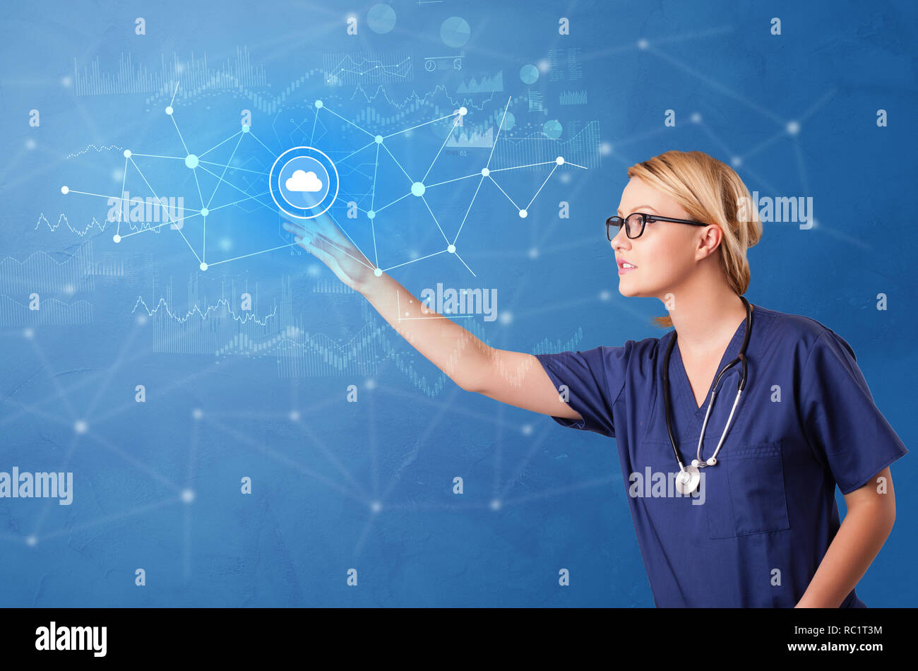 Doctor touching blue screen with virtual hospital concept Stock Photo ...