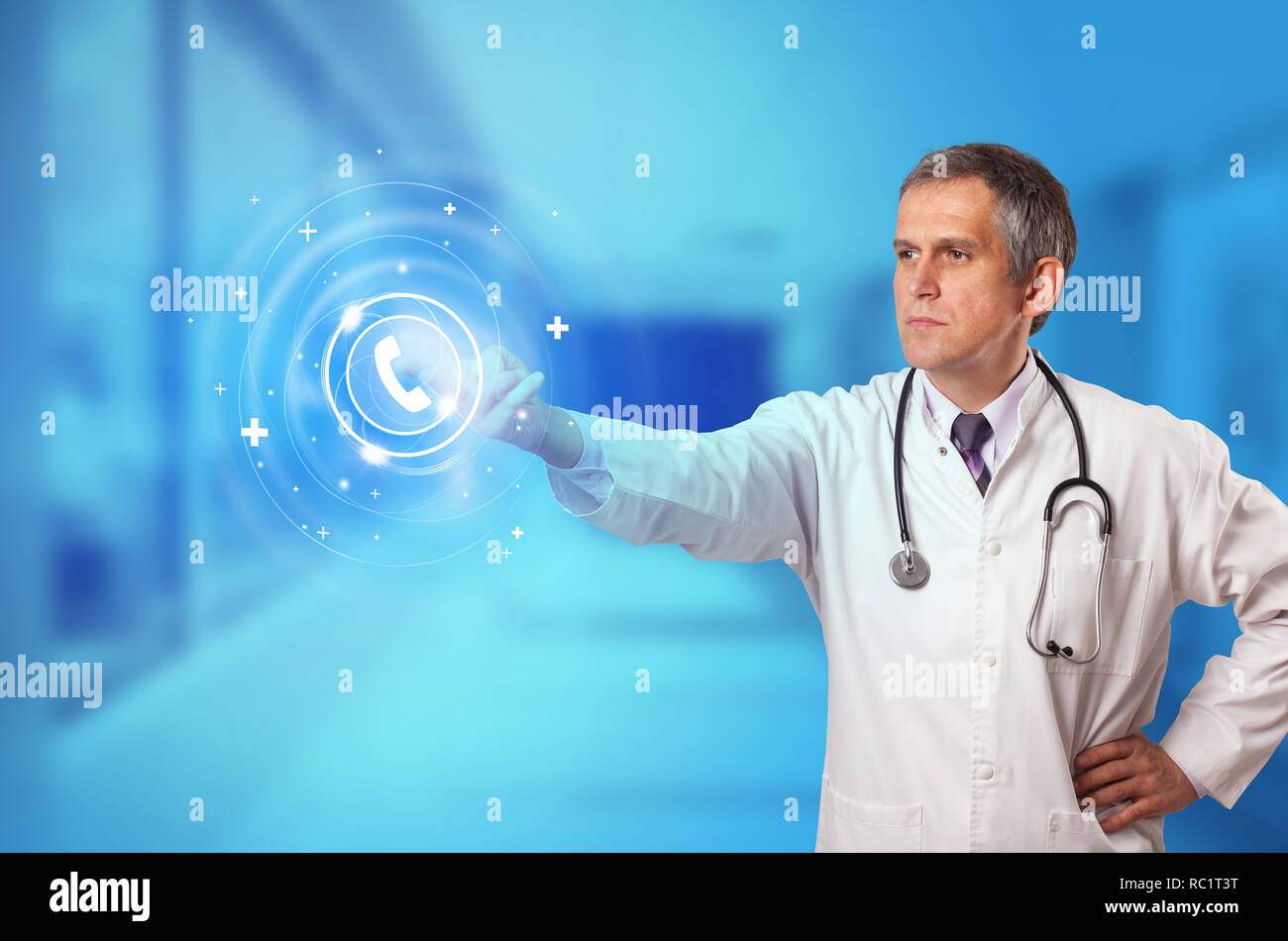 Doctor touching blue screen with call center concept Stock Photo - Alamy