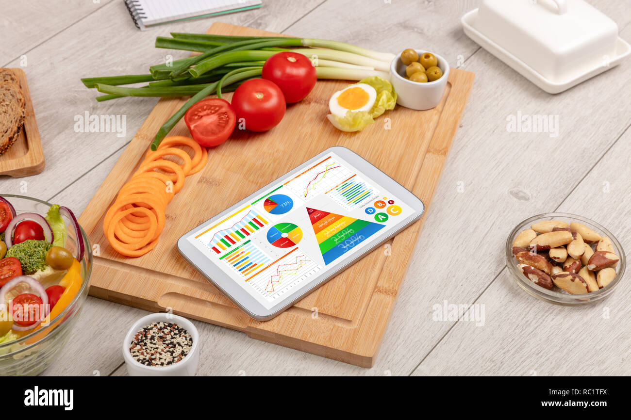 healthy eating concept - close up of tablet with several dieting ...