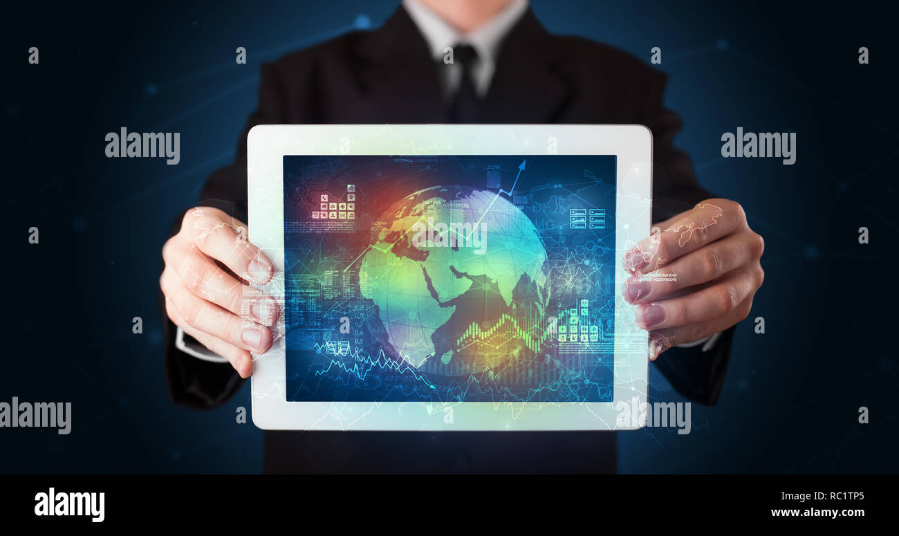 Hand holding tablet with global database concept Stock Photo - Alamy