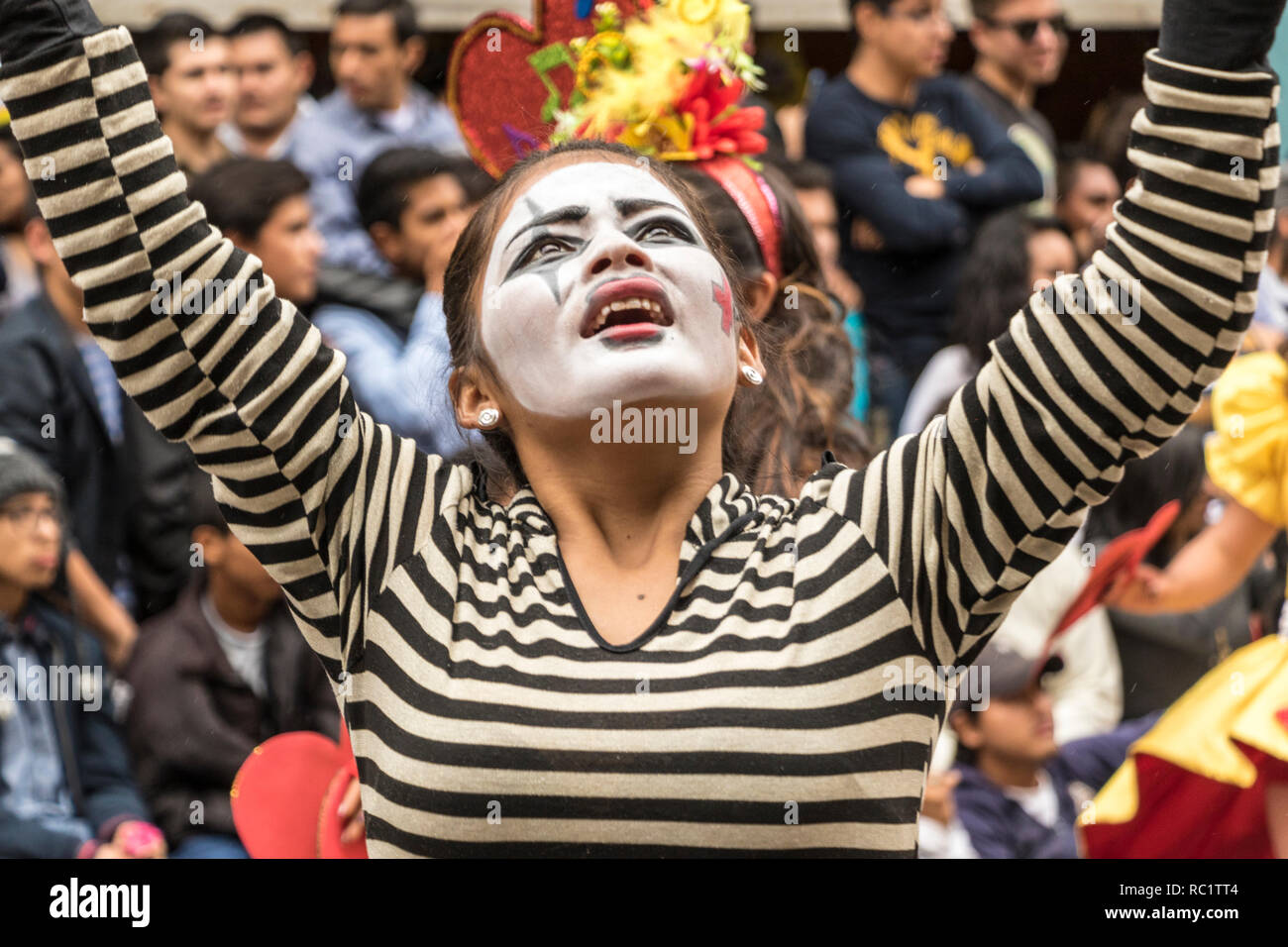 Ambato, Ecuador / Feb 15, 2015 - Mime performs for audience at Carnaval ...