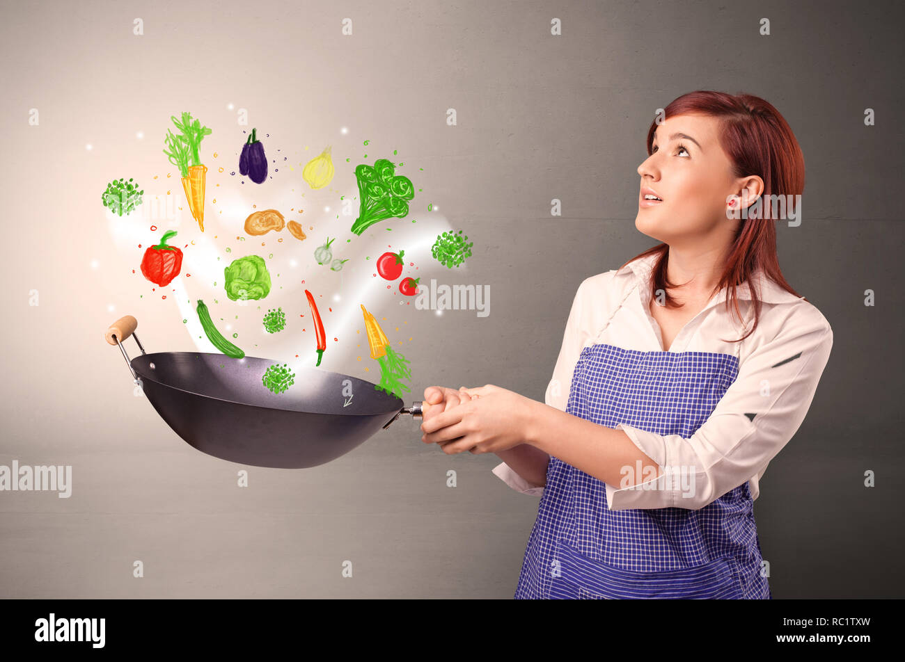 Cooking with colourful drawn vegetables on grunge background Stock ...