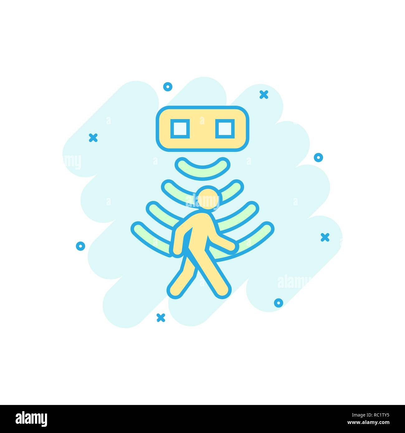 Motion sensor icon in comic style. Sensor waves with man vector cartoon ...