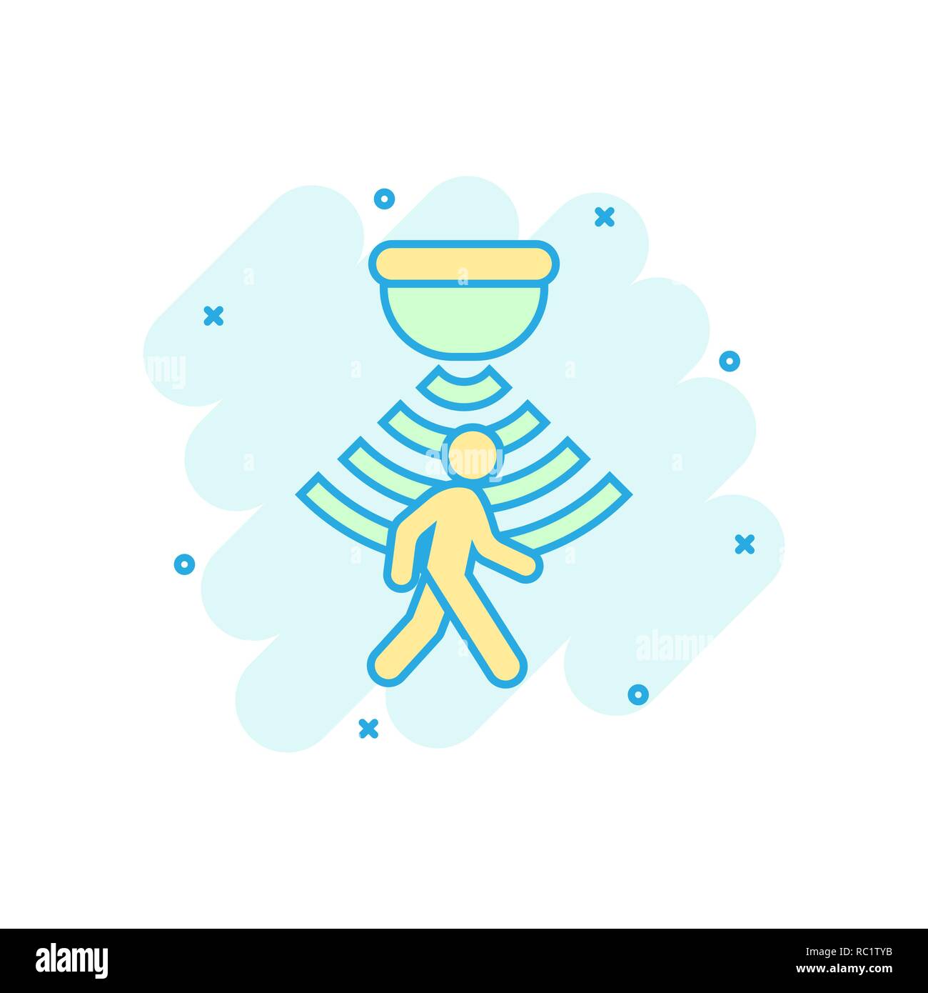 Motion sensor icon in comic style. Sensor waves with man vector cartoon ...