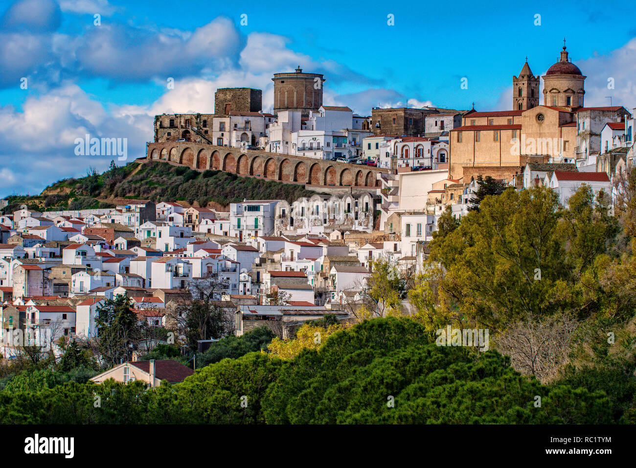 Italy Basilicata Pisticci view with Castle and mother church Stock ...