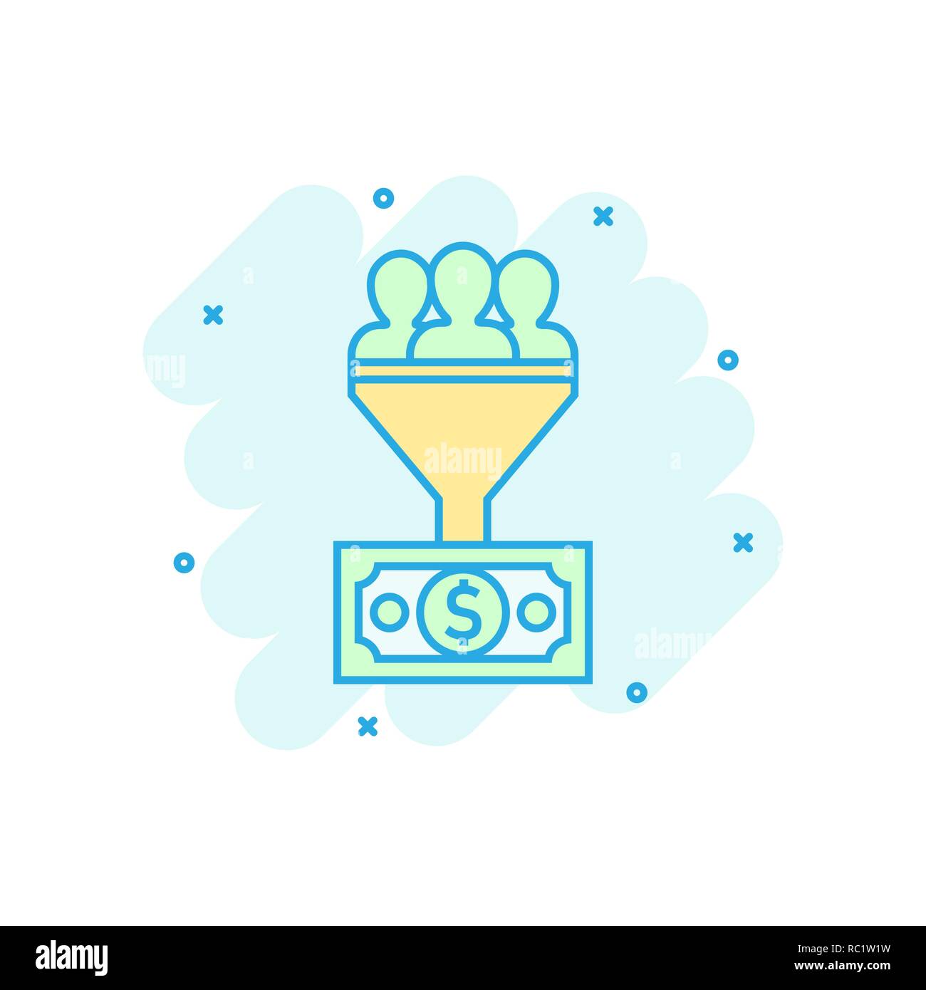 Lead management icon in comic style. Funnel with people, money vector ...