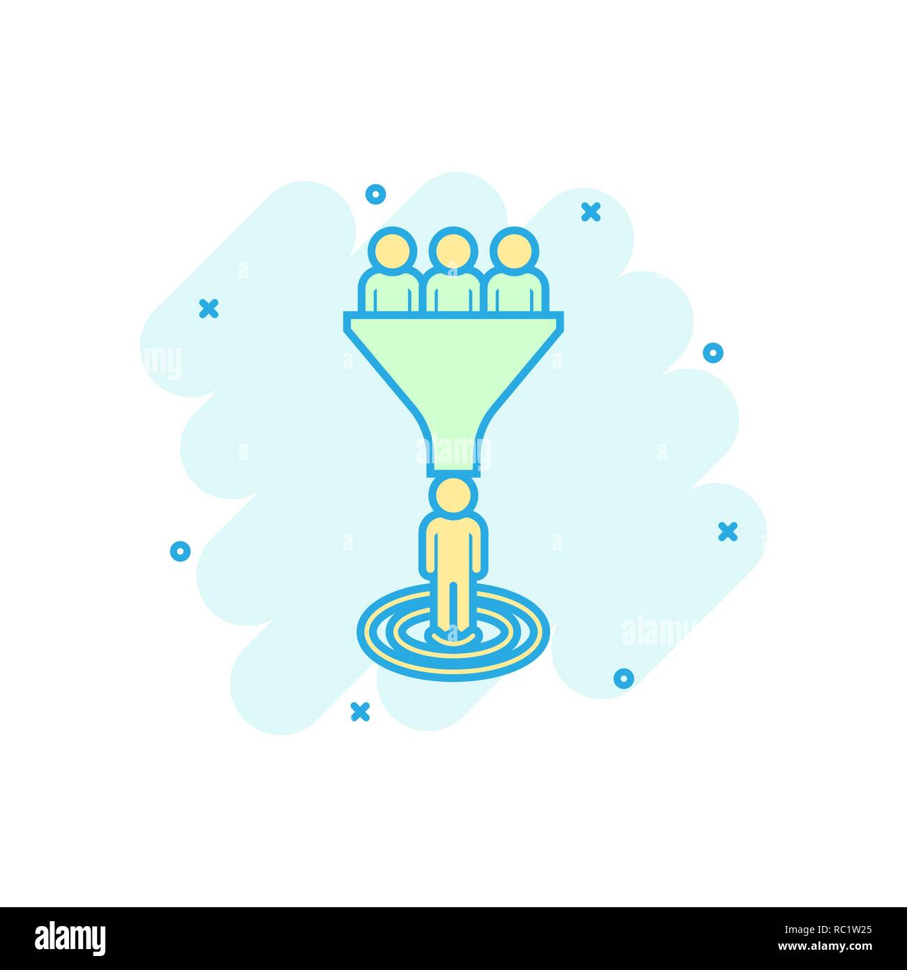 Lead management icon in comic style. Funnel with people vector cartoon ...