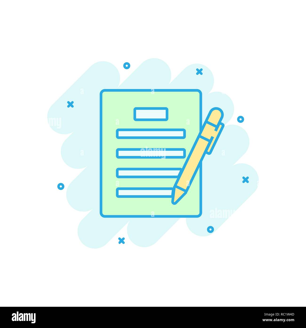 Contract agreement icon in comic style. Document sheet with pen vector ...
