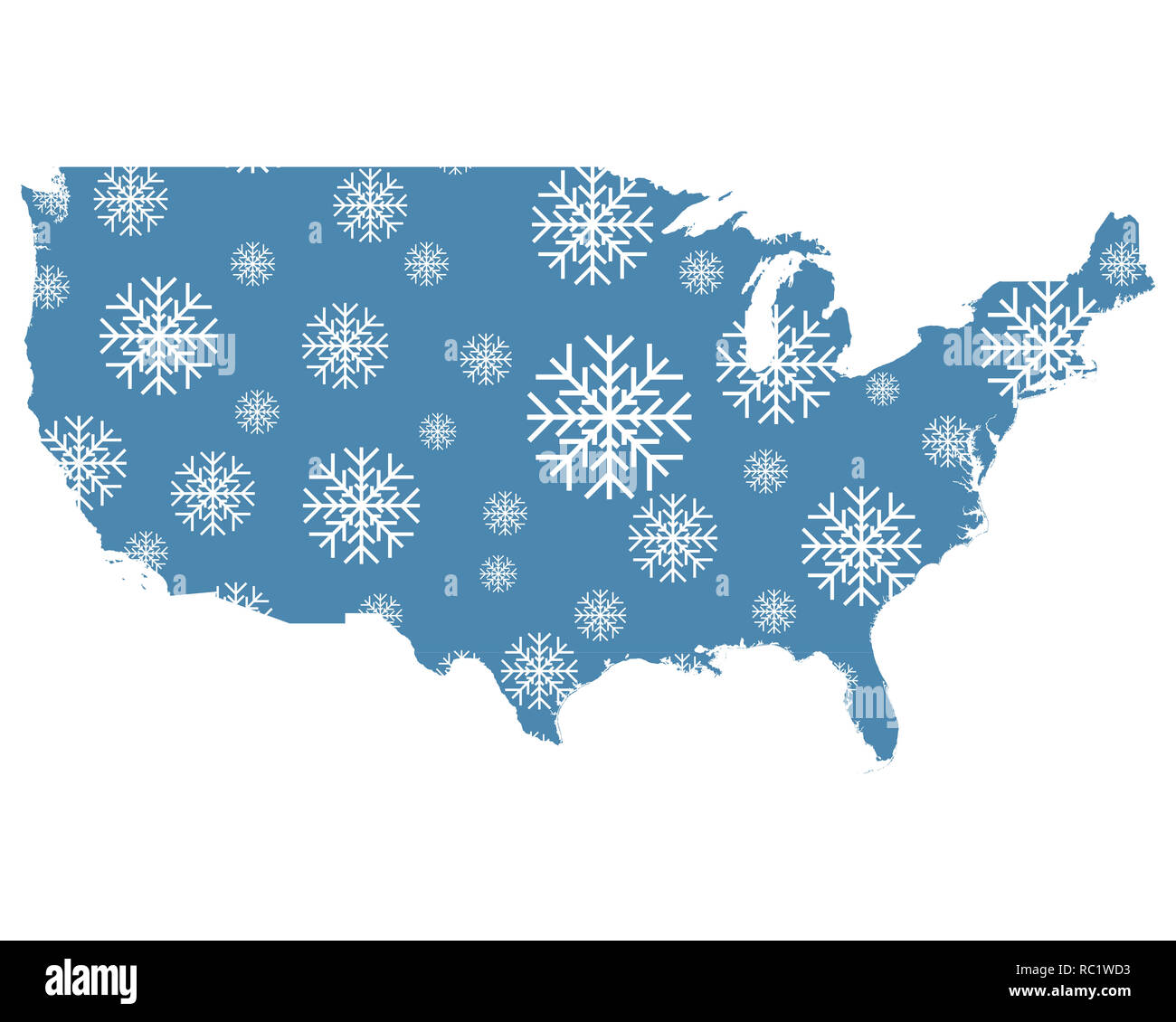 Map of the USA with snowflakes Stock Photo - Alamy