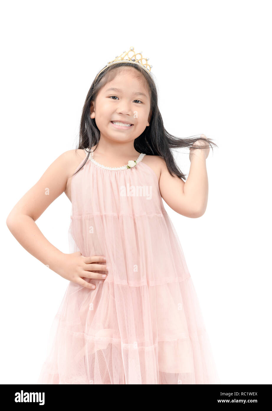 Little princess smile in pink dress isolated on white background Stock ...