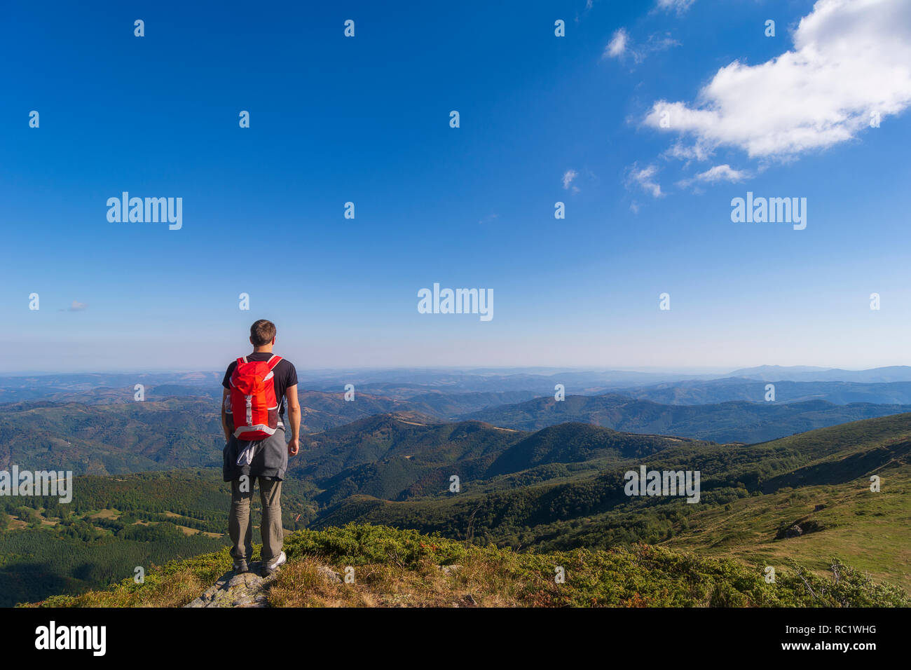 Old mountain, Bulgaria: Man is watching landscape view from the top of ...