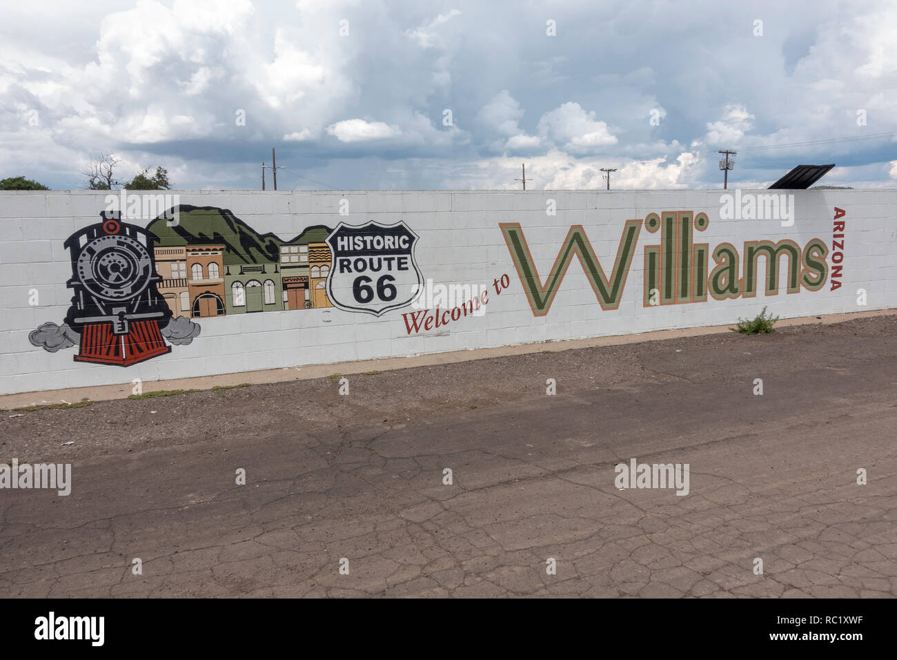 "Welcome to Willams, Arizona" sign on a wall in Williams, known as the ...