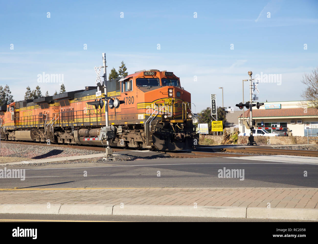 BNSF train crossing a railway crossing in Castro Valley. The BNSF ...