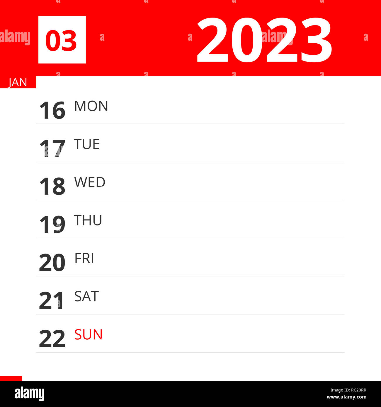 Calendar planner for Week 03 in 2023, ends January 22, 2023 Stock Photo ...