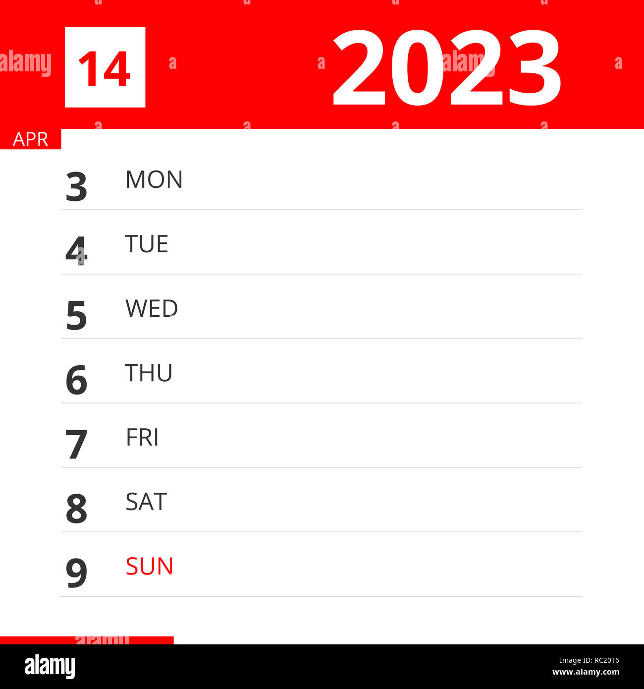 Calendar planner for Week 14 in 2023, ends April 9, 2023 Stock Photo ...