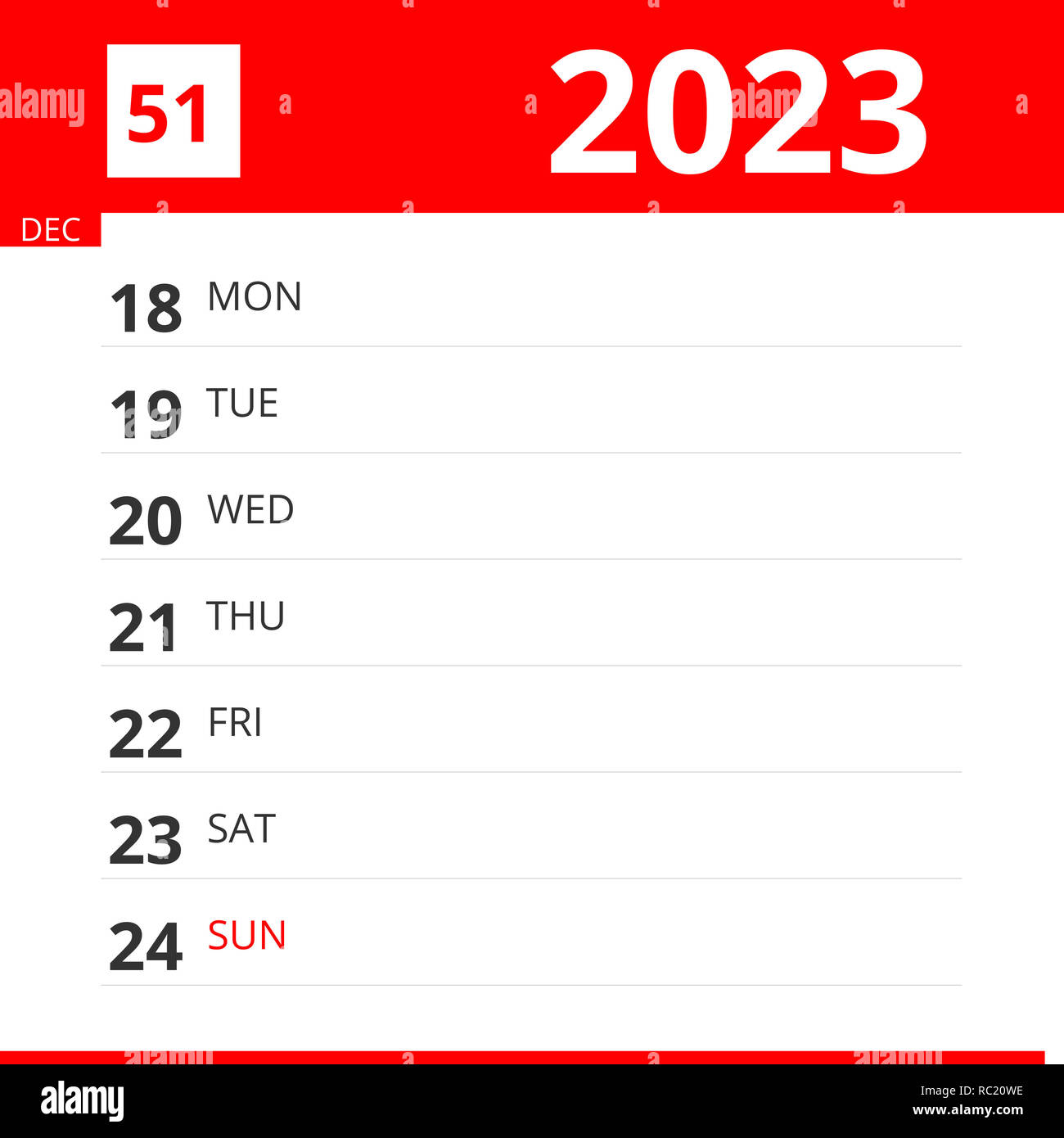 Calendar planner for Week 51 in 2023, ends December 24, 2023 Stock ...