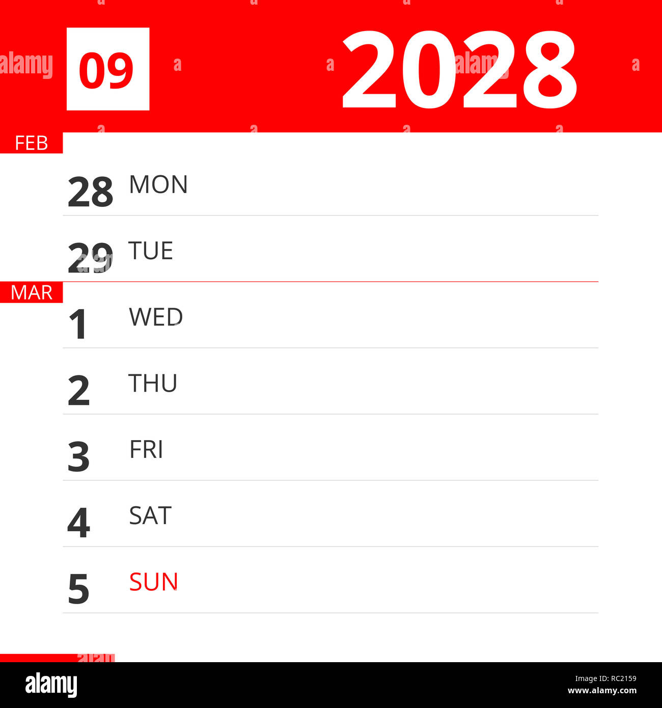 Calendar planner for Week 09 in 2028, ends March 5, 2028 Stock Photo ...