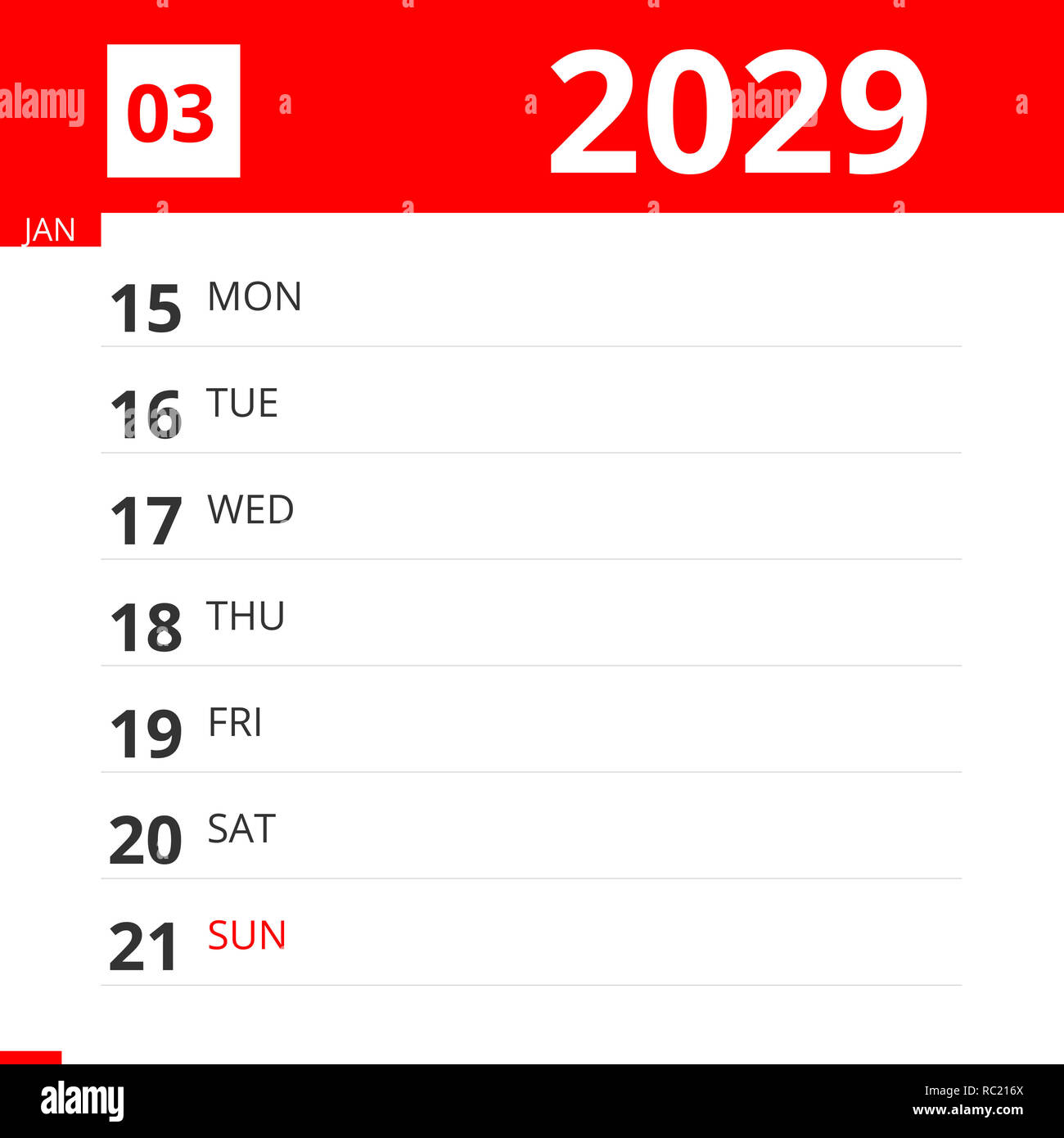 Calendar planner for Week 03 in 2029, ends January 21, 2029 Stock Photo ...
