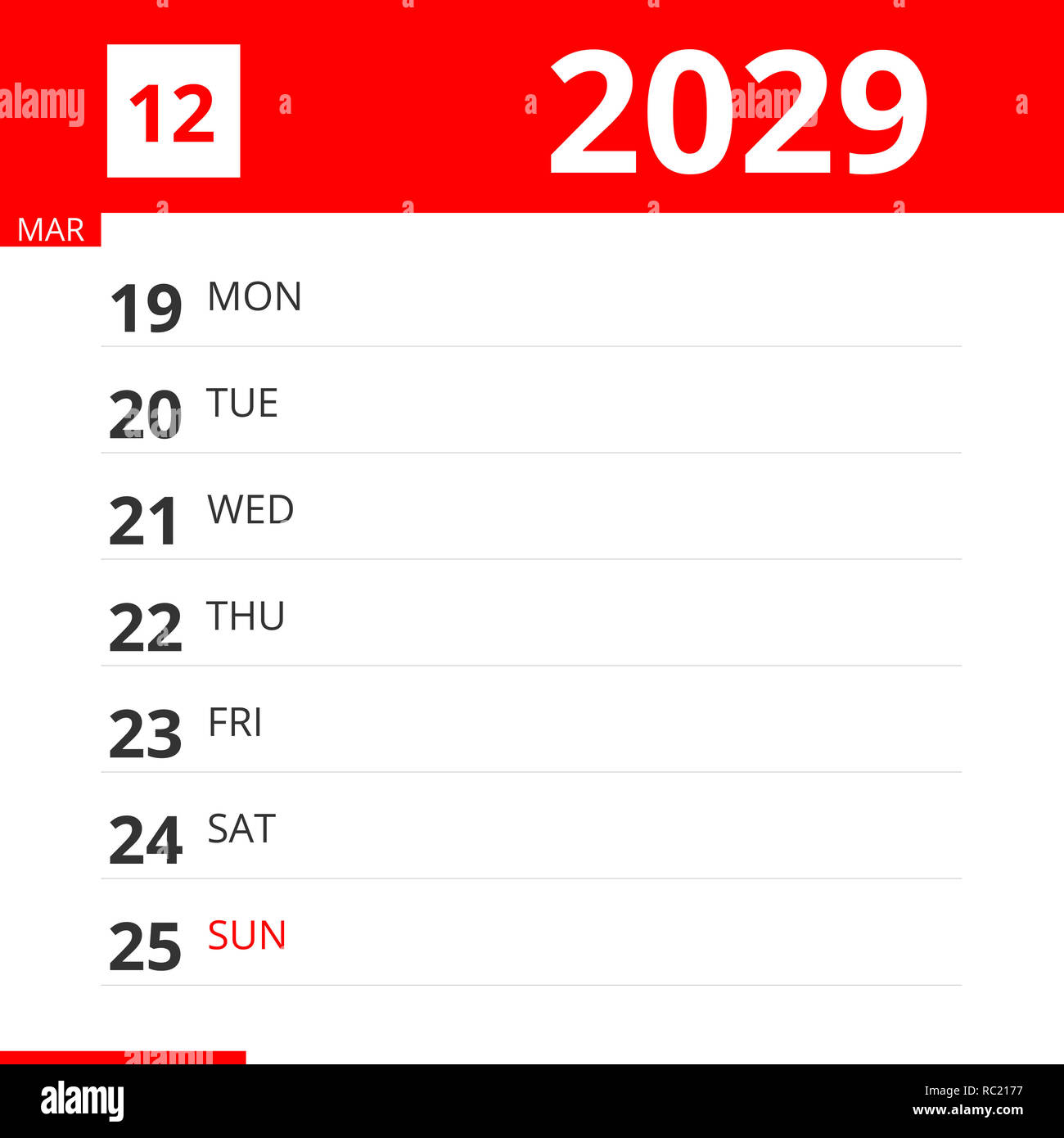 Calendar planner for Week 12 in 2029, ends March 25, 2029 Stock Photo ...