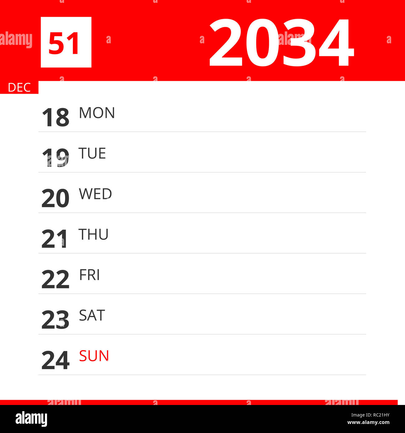 Calendar planner for Week 51 in 2034, ends December 24, 2034 Stock ...